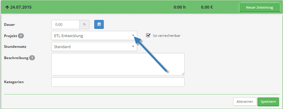 Projekte aus der Zeiterfassung anlegen